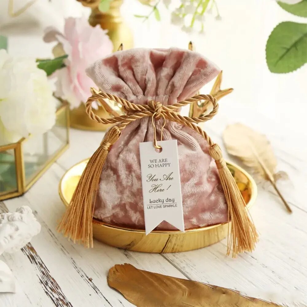 Розовая бархатная подарочная сумочка с кисточками, pink-S