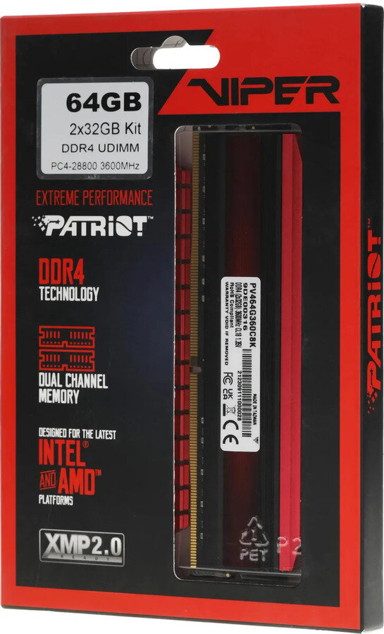 Память DDR4 2x32Gb 3600MHz Patriot PV464G360C8K Viper RTL PC4-28800 CL18 DIMM 288-pin 1.35В dual rank