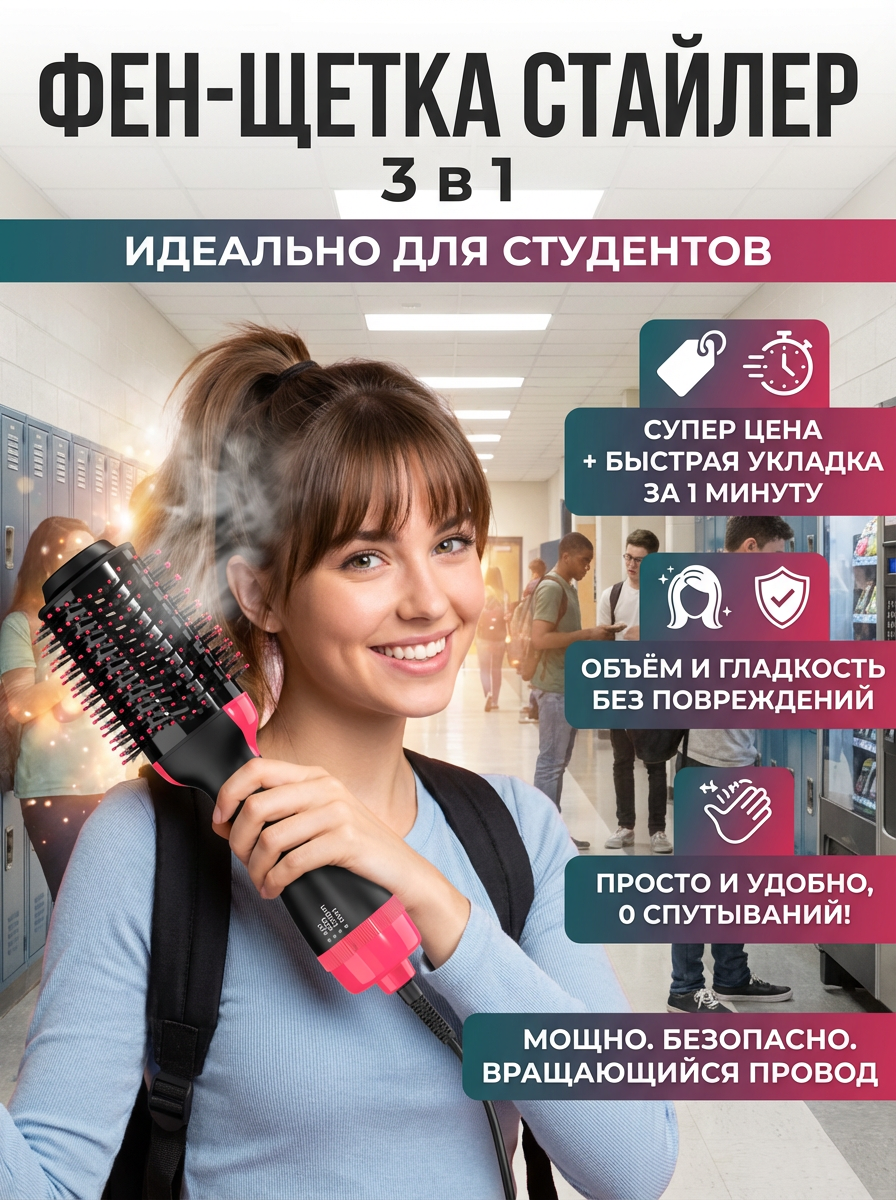 Фен-щетка для волос 3 в 1, Термощетка, Выпрямитель для волос, Стайлер, Расческа