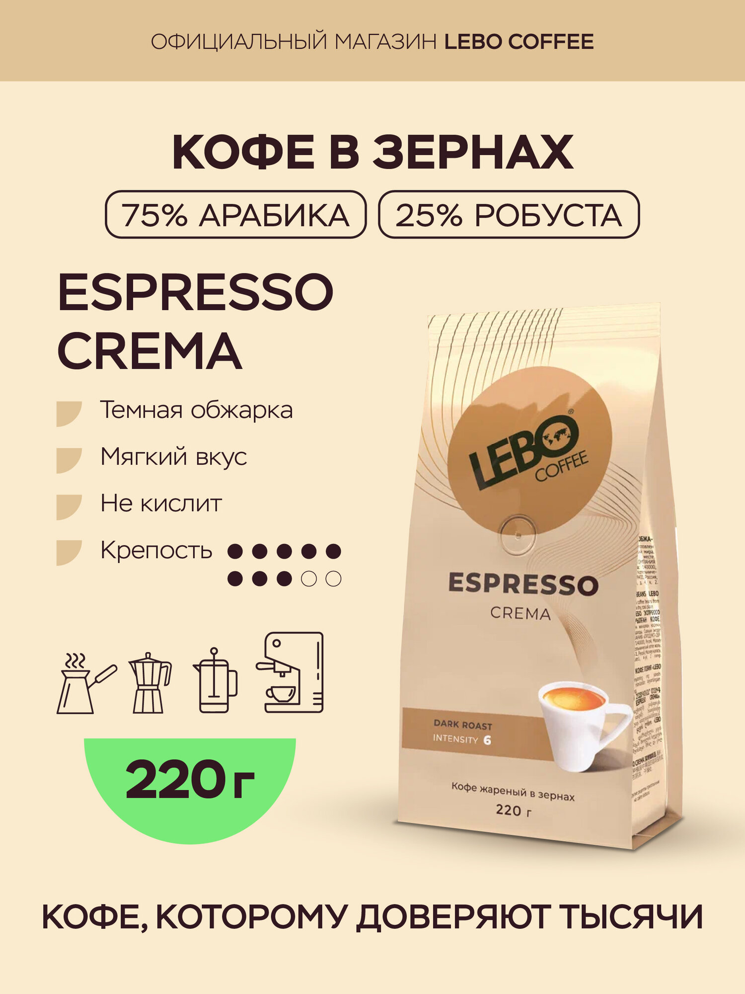 Кофе в зернах 220 г Lebo ESPRESSO CREMA Арабика 75%, робуста 25%
