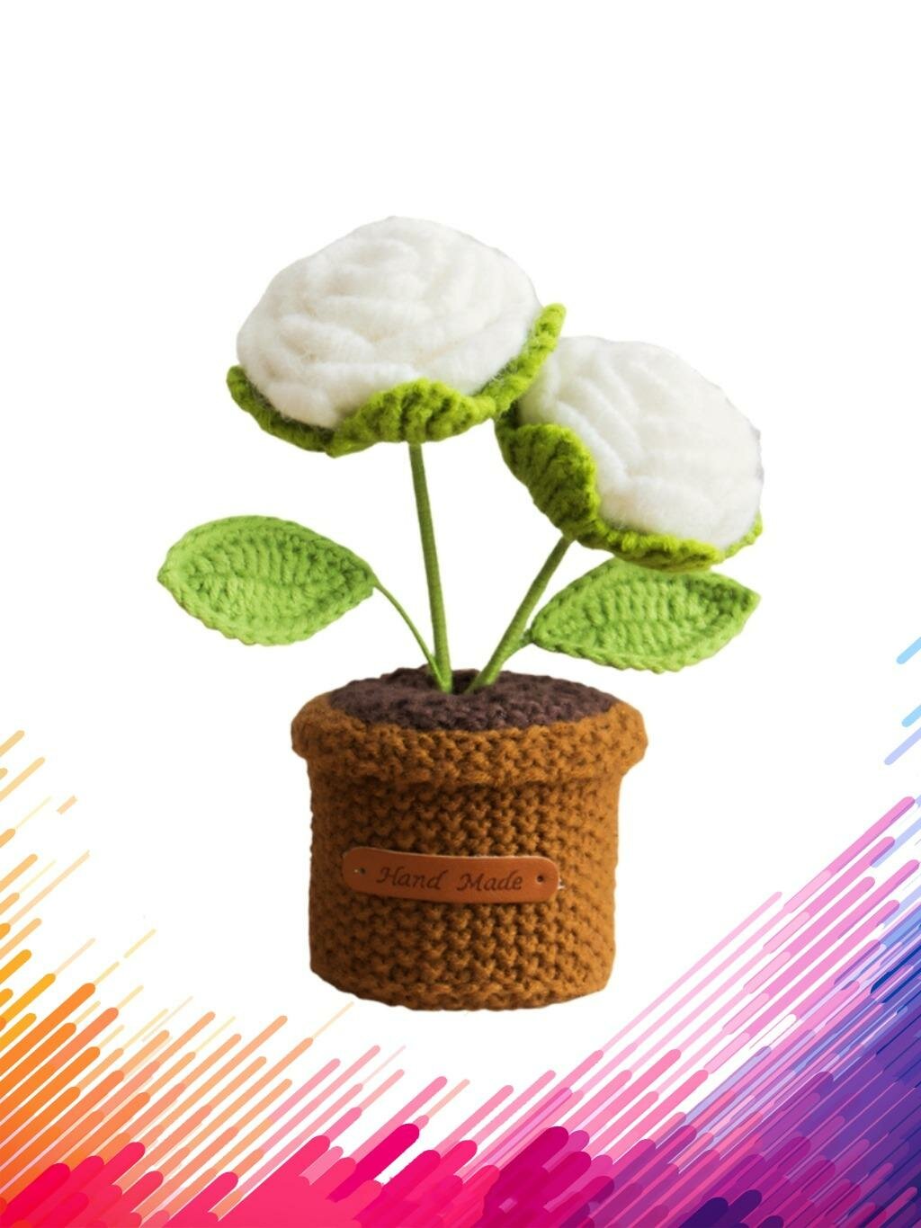 Вязаная роза в горшке, Белый