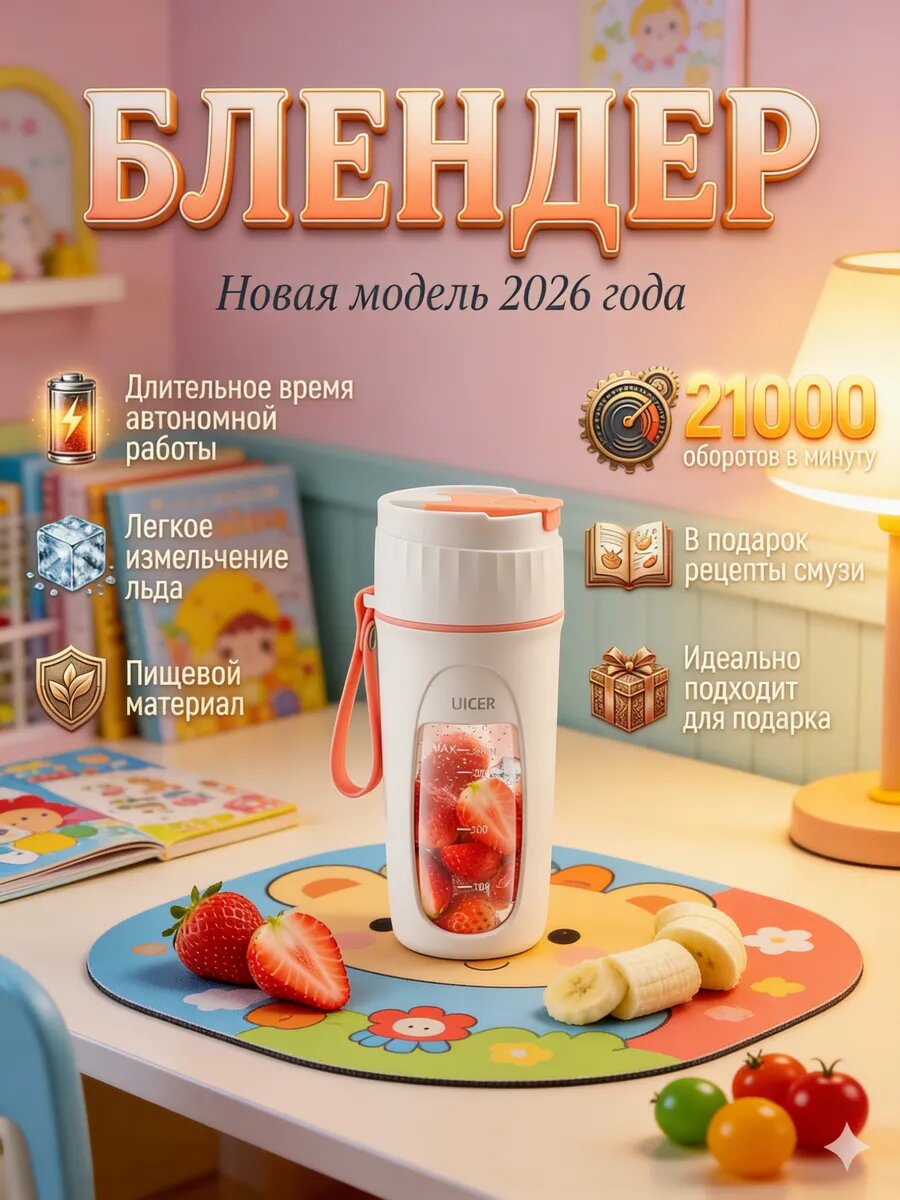 Портативный блендер беспроводной для смузи и коктейлей, 3 скорости с дисплеем, белый