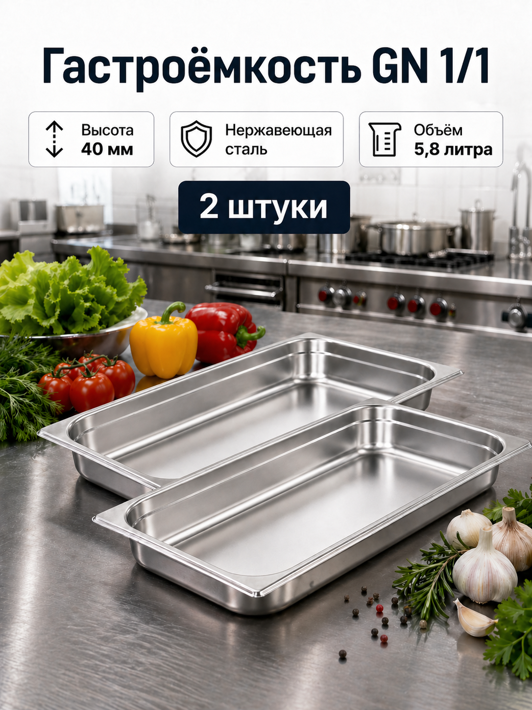Гастроемкость GN 1/1-40 мм, набор 2 шт, нержавеющая сталь