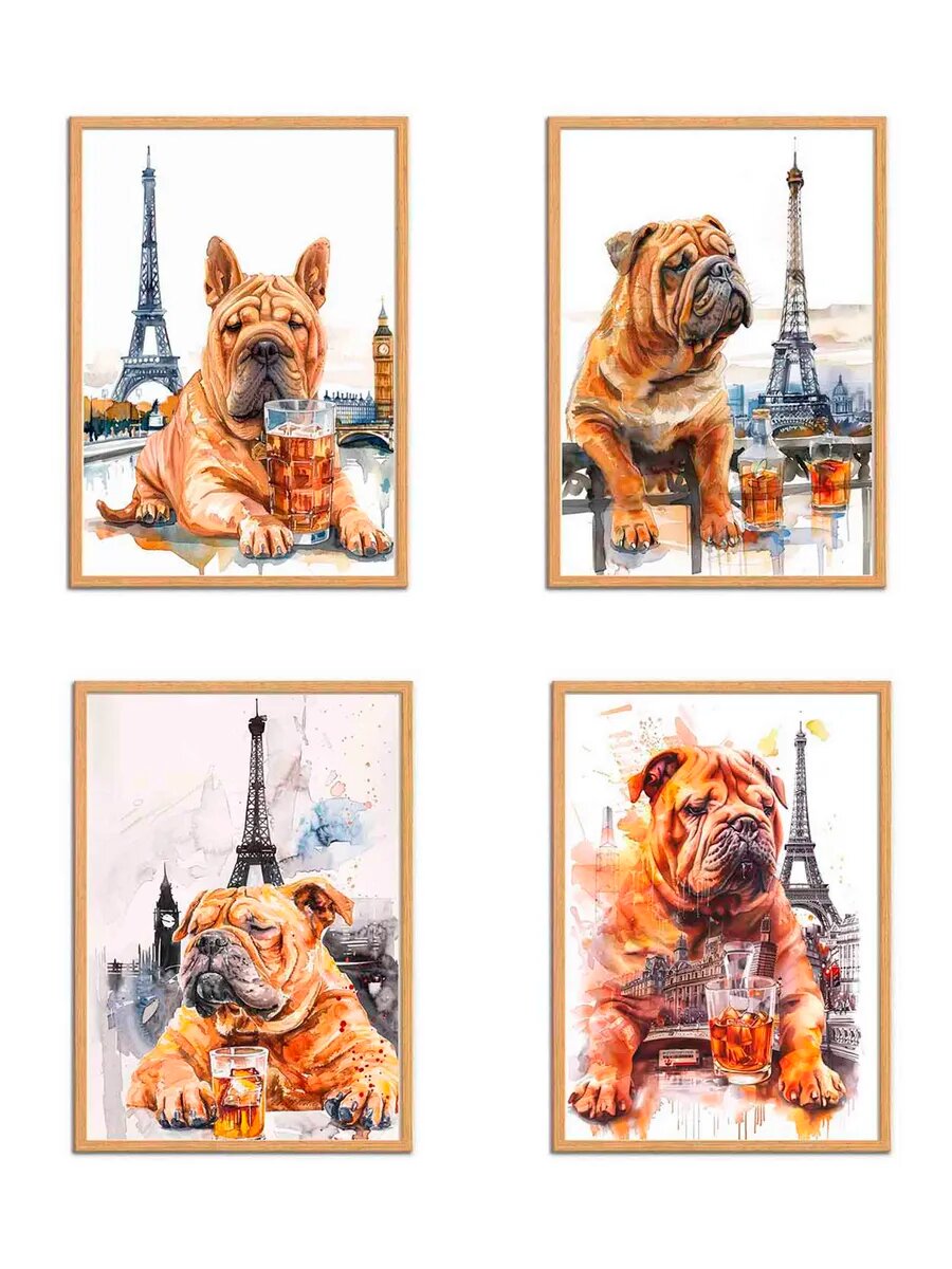 Китайский Шарпей Пьет Виски, 4 Плаката, 30x21см