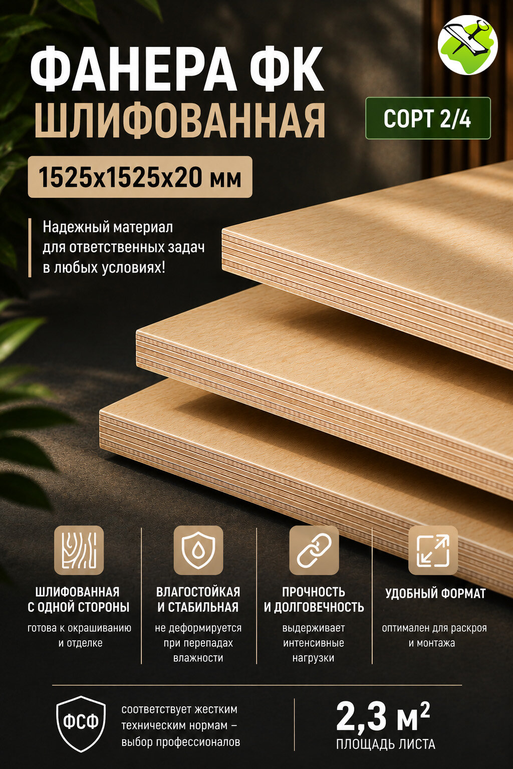 Фанера ФК шлифованная 1525х1525х20мм (2,3м2) сорт 2/4 влагостойкая