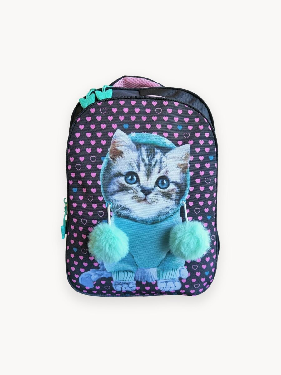 Школьный рюкзак для девочки с помпончиками черный. Мягкая спинка