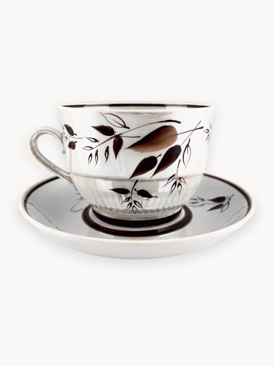 Винтажная чайная пара "Кофейный лист". Фарфор Пролетарий. СССР, 1980-е.