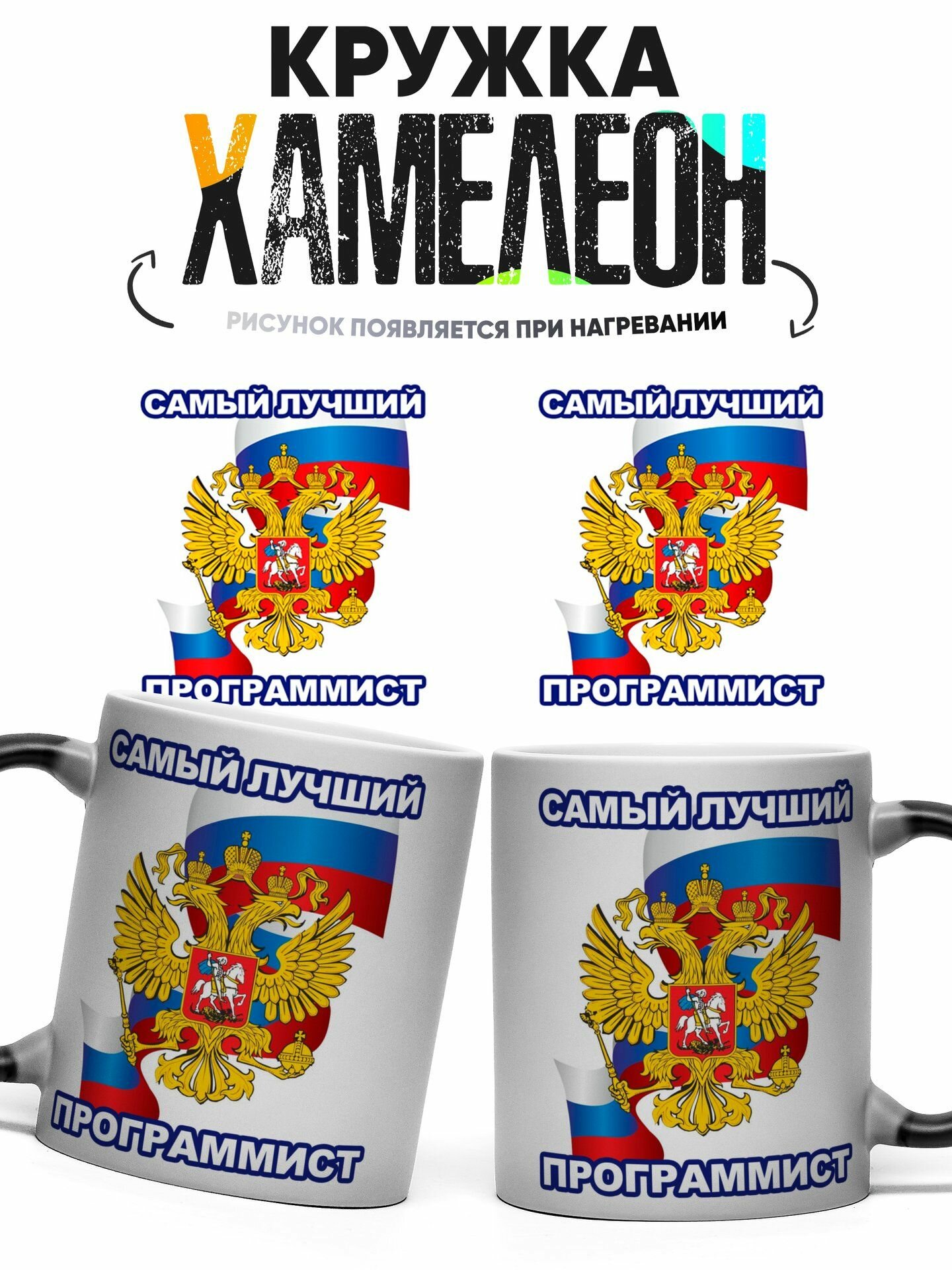 Кружка хамелеон Самый лучший программист Герб и Флаг России 330 мл