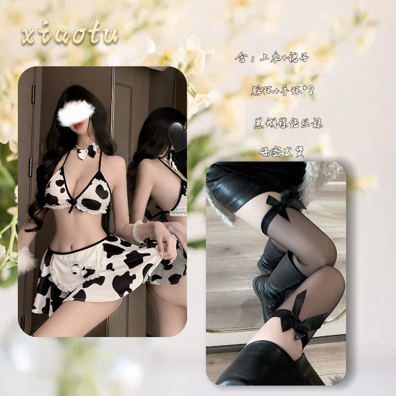 Сексуальный, горячий, страстный комплект бикини с принтом под коровью шкуру, соблазнительная униформа для ролевых игр. Комплект с принтом под коровью шкуру + черные чулки с бантом.