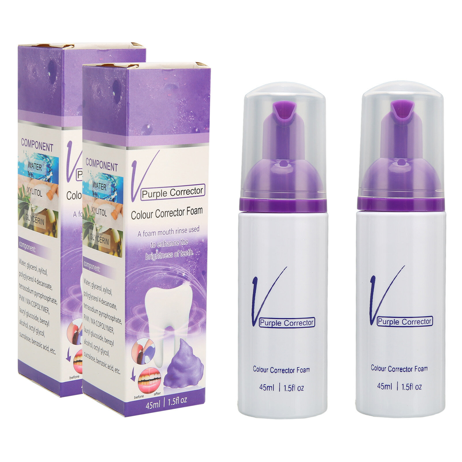 2 тюбика пенной зубной пасты по 45 мл с помповым дозатором для отбеливания зубов и чистки зубов.