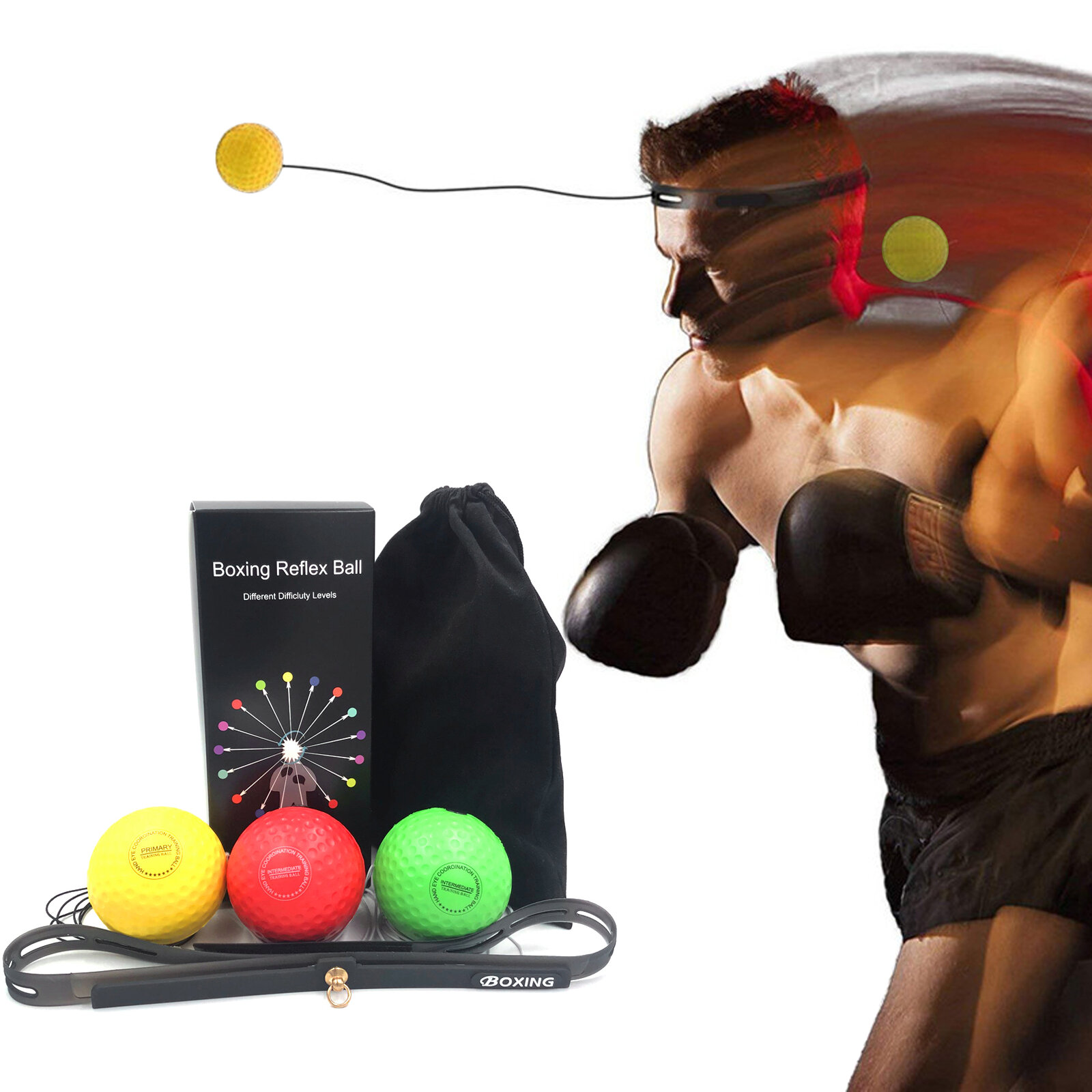 Набор для тренировки боевых рефлексов с силиконовой фитнес-ленточкой Boxing Reflex Balls, материалы силикон и ПУ пенопласт, длина ленты 53-58 см, мячи желтый, зеленый, красный, черный, диаметр 6.3 см, вес 20-30 г, вес упаковки 130-200 г