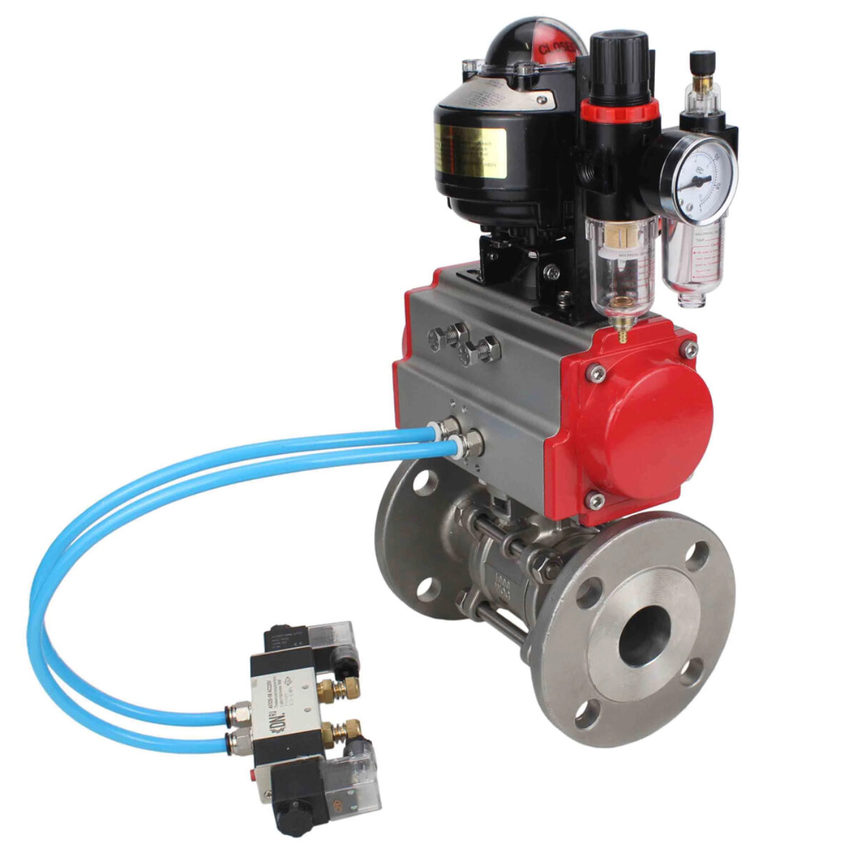 Кран шаровой DN.ru кшфпт 304.180 Ду65 Ру25 фланцевый, полнопроходной, трехсоставной, корпус нержавеющая сталь 304, уплотнение PTFE, с пневмоприводом DA-083, пневмораспределителем PND1-S2EM-52-2-T10-220VAC, БКВ LSB-510-02ExM12-250 и БПВ APU1-10-40-V08