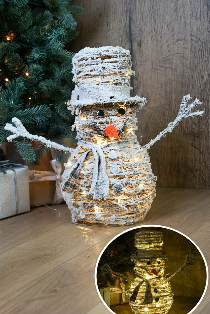 Светящийся заснеженный снеговичок из ротанга, 35 теплых белых LED-огней, 50 см, Peha Magic TR-71175