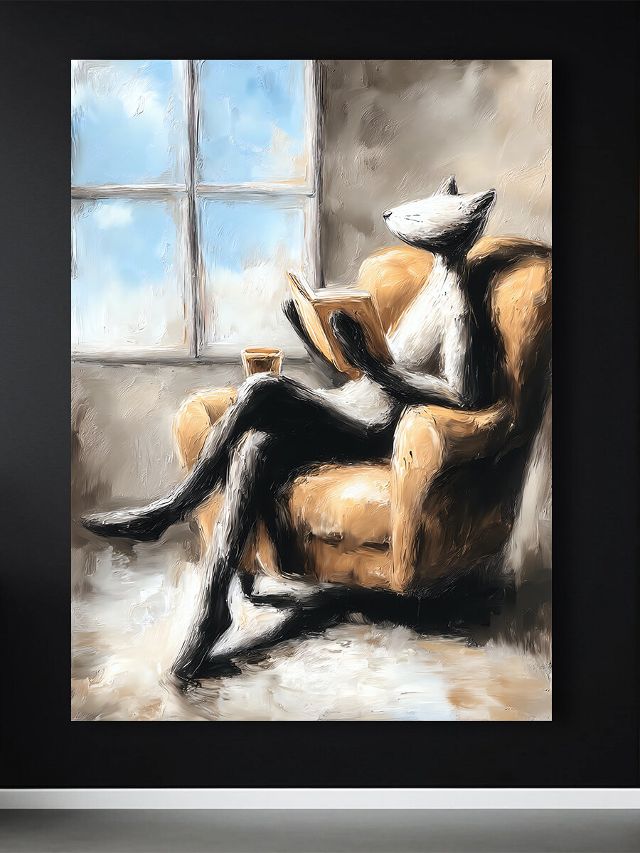 Картина на холсте - "Кот читает книгу, прикольная картина на стену" , 30х40 см.