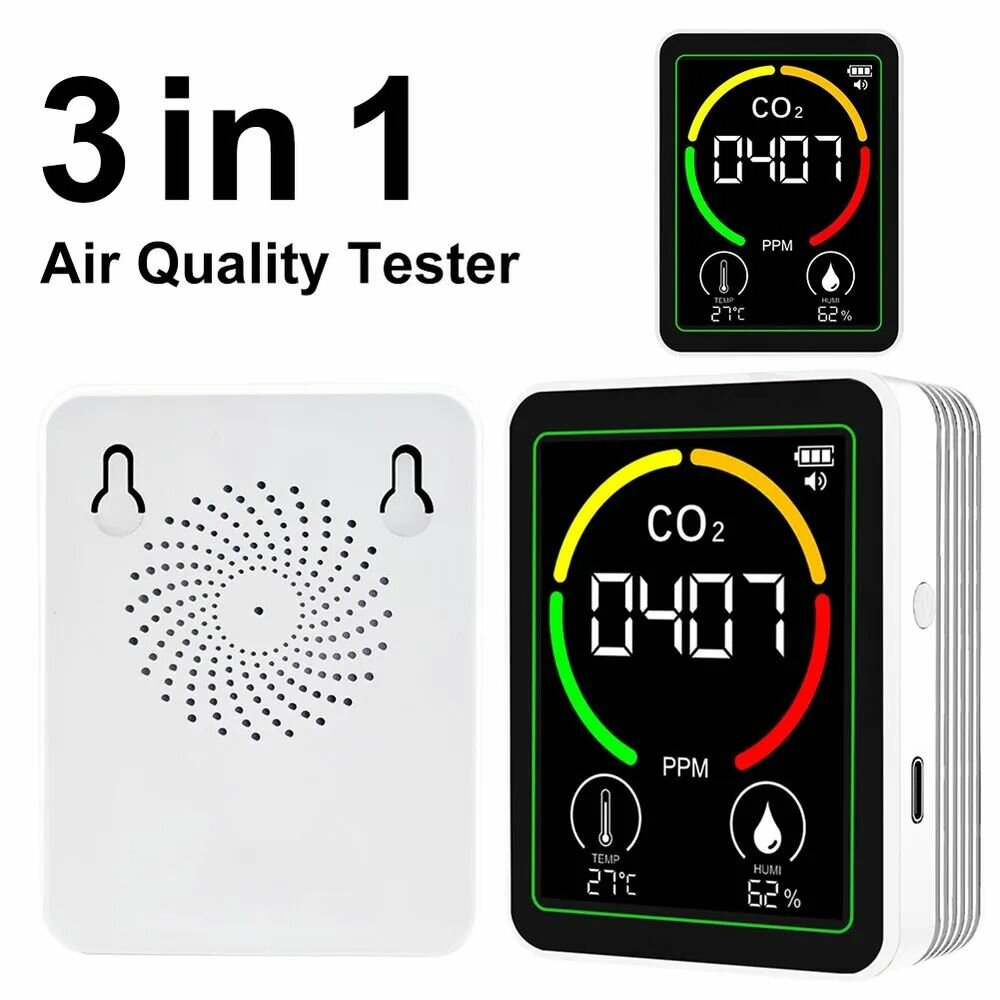 Портативный детектор CO2 с цветным дисплеем, датчиками температуры и влажности для дома и офиса