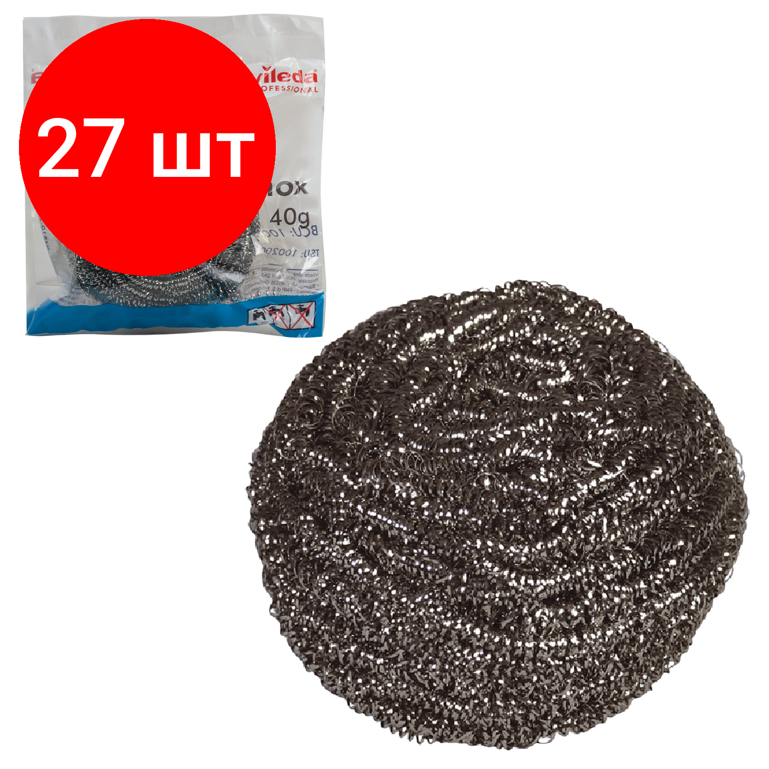 Комплект 27 шт, Губка металлическая VILEDA Professional "Инокс", для стойких загрязнений, нержавеющая сталь, вес 40 г, 100787