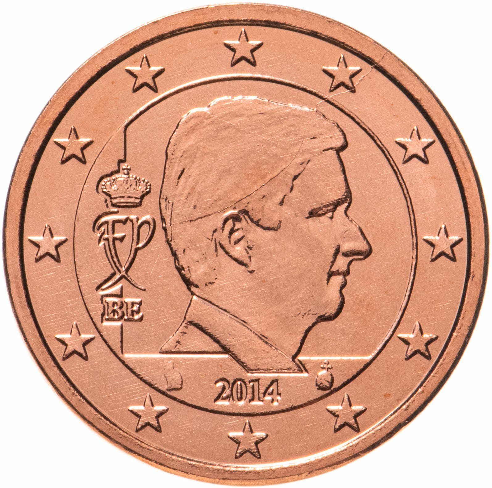 Бельгия 5 евроцентов cents 2014 король Филипп, Сталь, в сохранности UNC