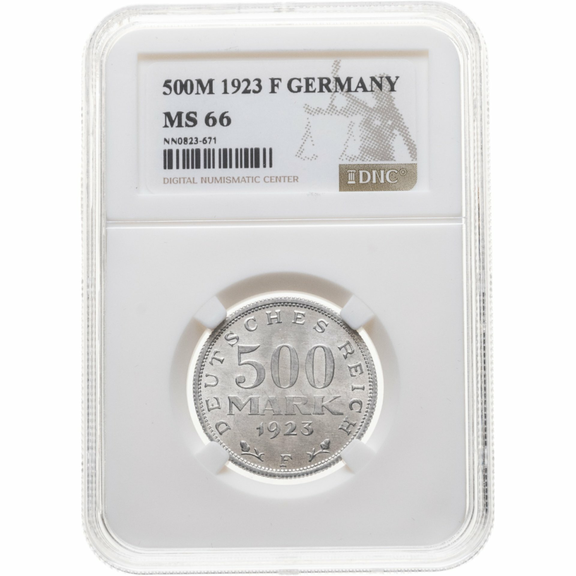 Германия 500 марок 1923 F знак монетного двора "F" — Штутгарт в слабе DNC MS66, Алюминий