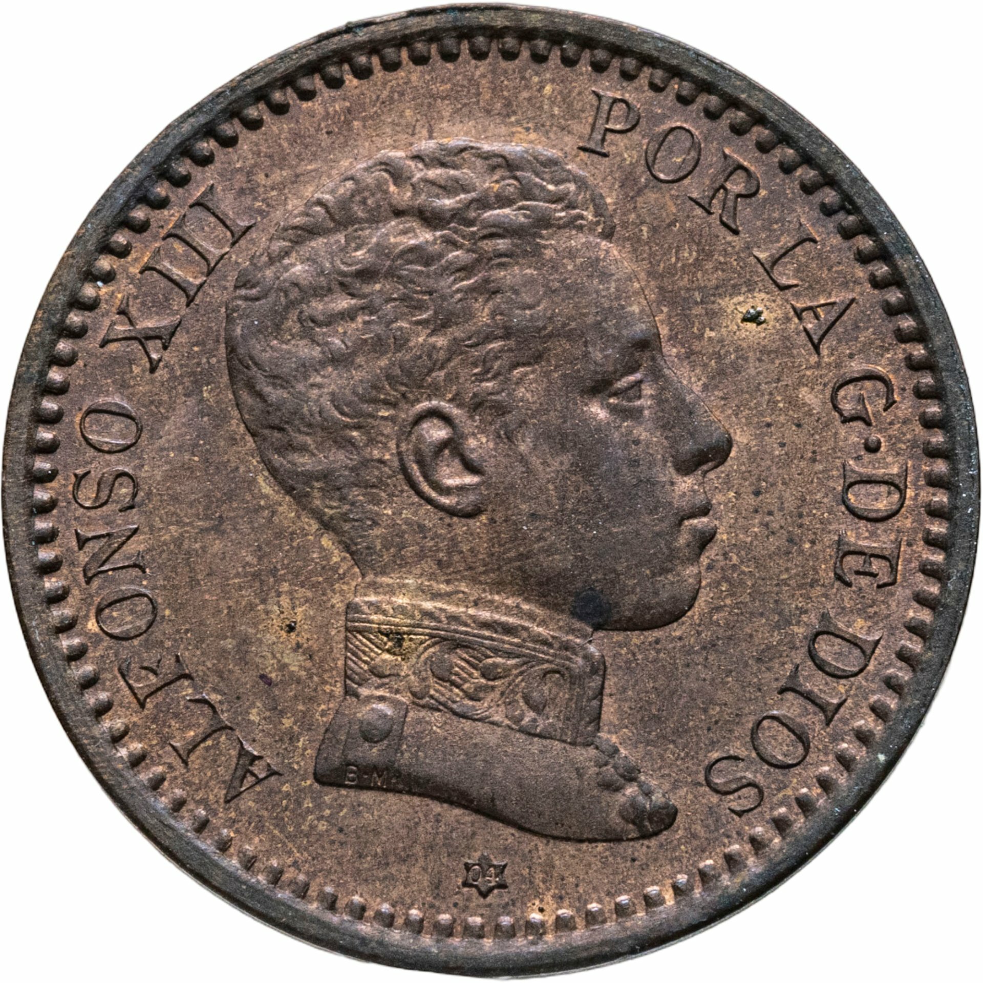 Испания 2 сентимо centimos 1904, Бронза, в сохранности AU-UNC