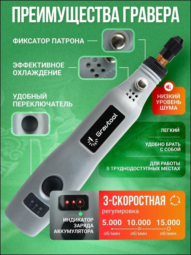 Аккумуляторный гравер U225 с набором оснастки 25 шт. в кейсе, 3.7 В, 5000–15000 об/мин — фото 1
