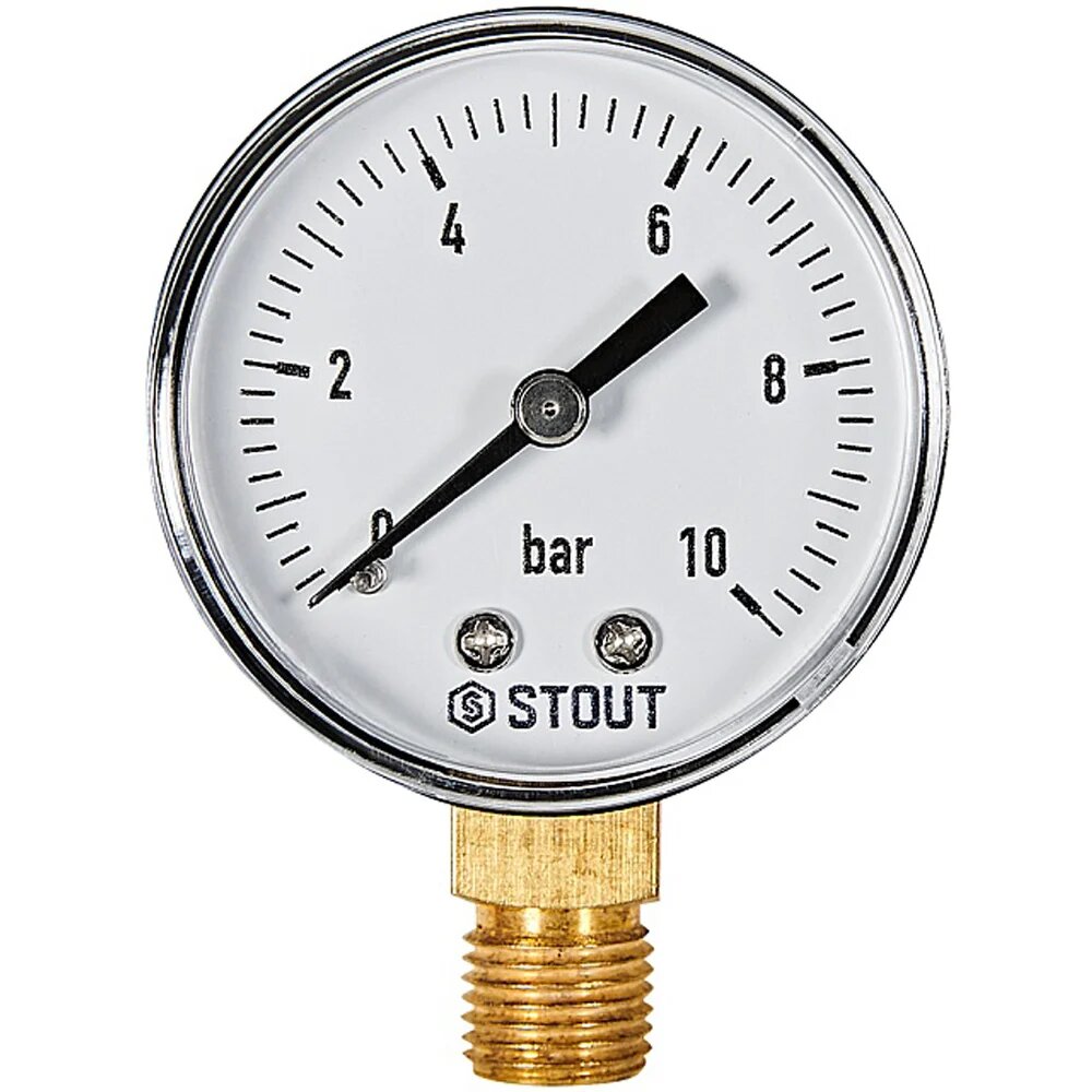 Манометр радиальный STOUT, резьба 1/4 дюйма, класс точности 2.5, защита IP31, измерительный диапазон 0‑10 бар