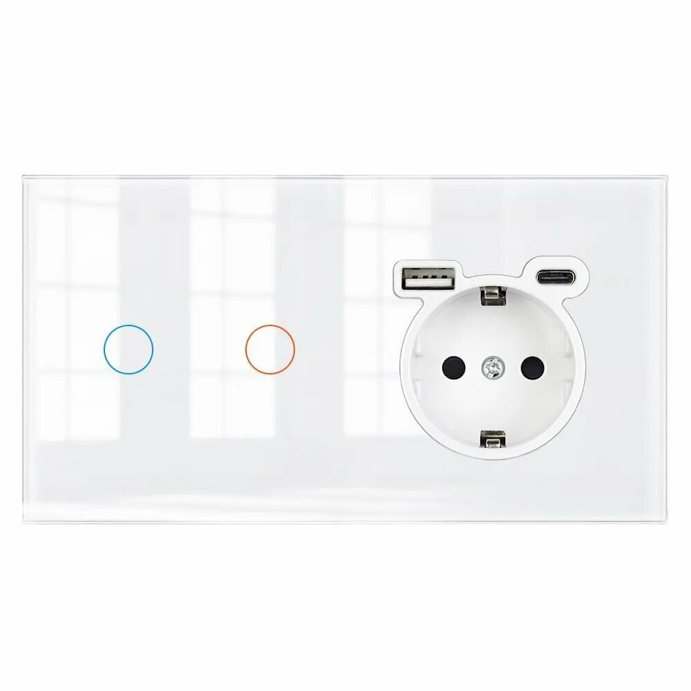 Умный выключатель двухклавишный Wi-Fi с розетка с usb ,2клавиша ,2пост (2G+1F) стекло 153х82 мм , белый