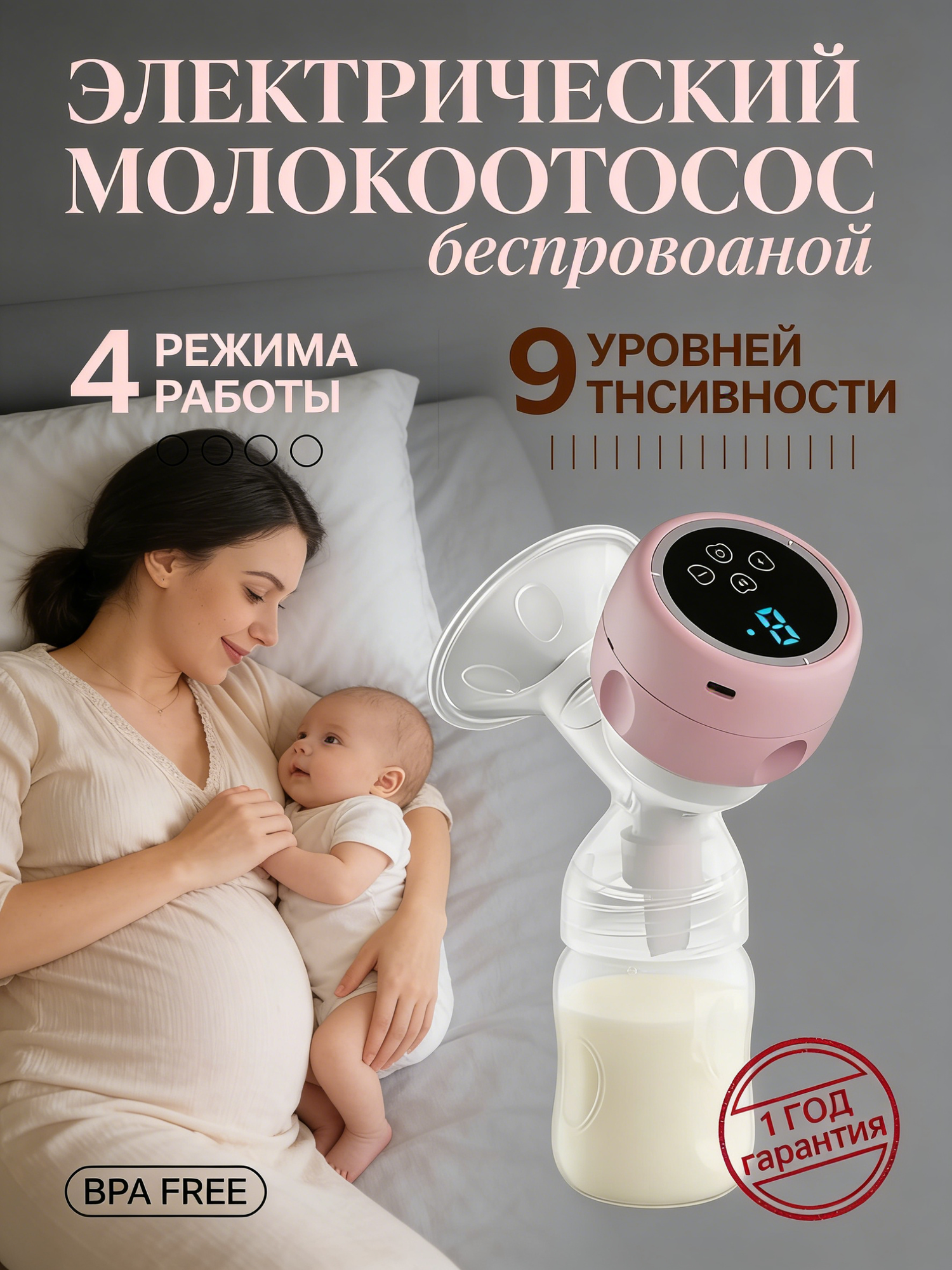 Молокоотсос электрический портативный для кормления малыша с бутылочкой и соской