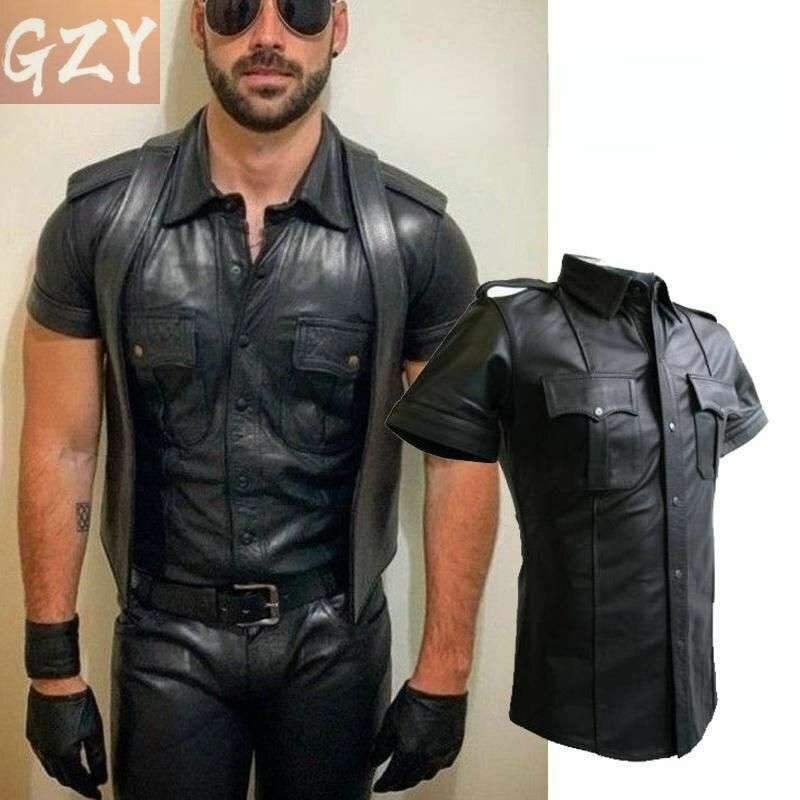 Мужская Кожаная Рубашка С Коротким Рукавом, Топы, Косплей