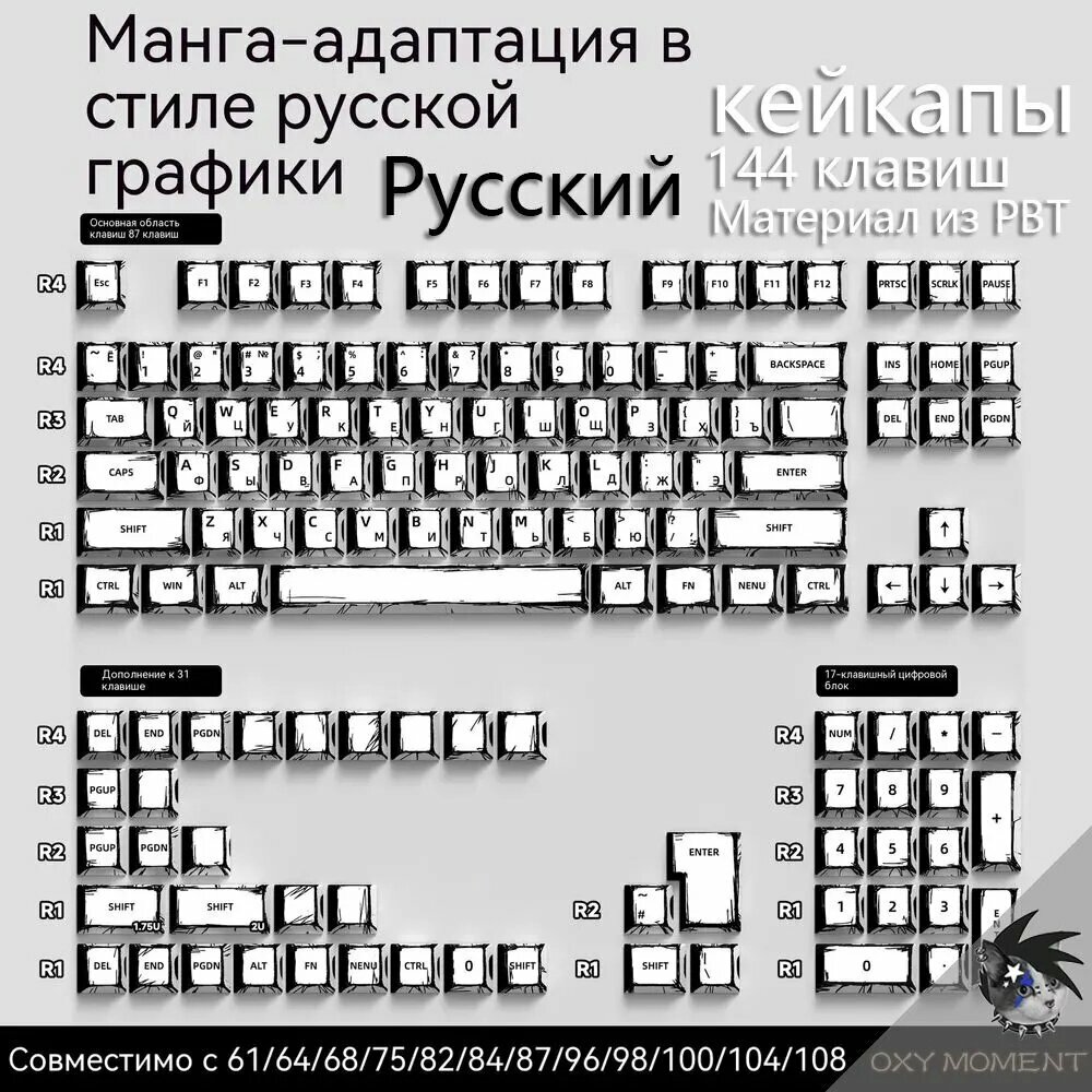 OXY MOMENT-Кейкапы для механической клавиатуры -Тематический стиль комиксов, Русский, 135 клавиш, Материал из ПБТ