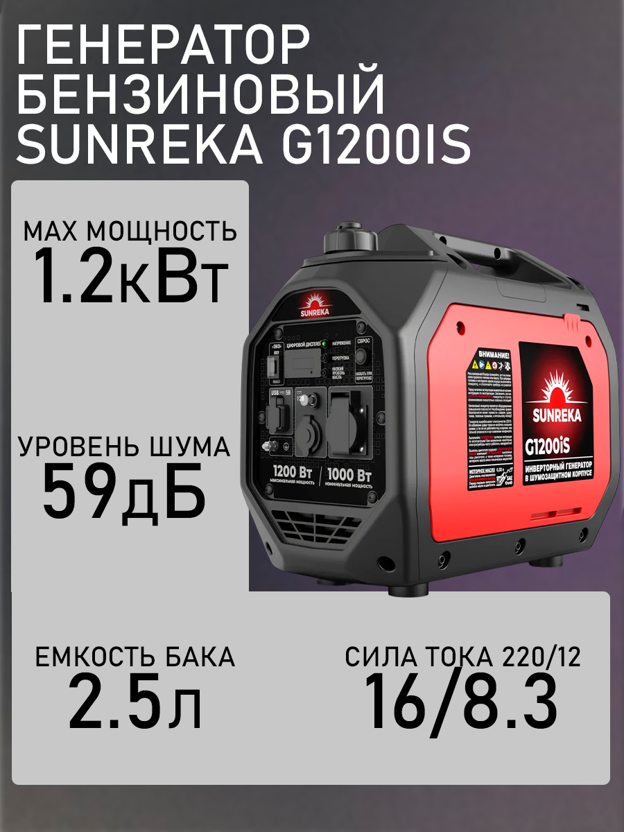 Инверторный генератор SUNREKA G1200iS, компактный, экономичный, 1000Вт