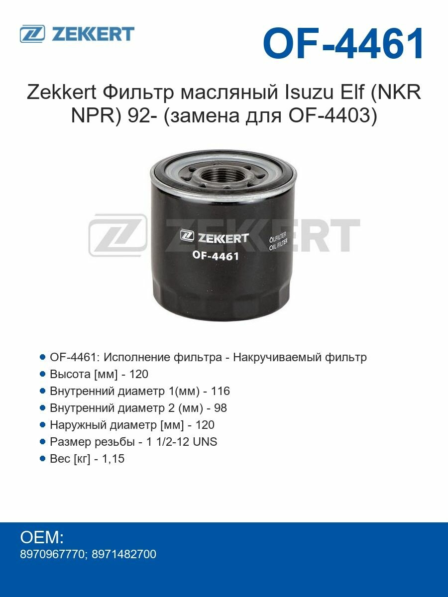 Zekkert Фильтр масляный Isuzu Elf (NKR NPR) 92- (замена для OF-4403)
