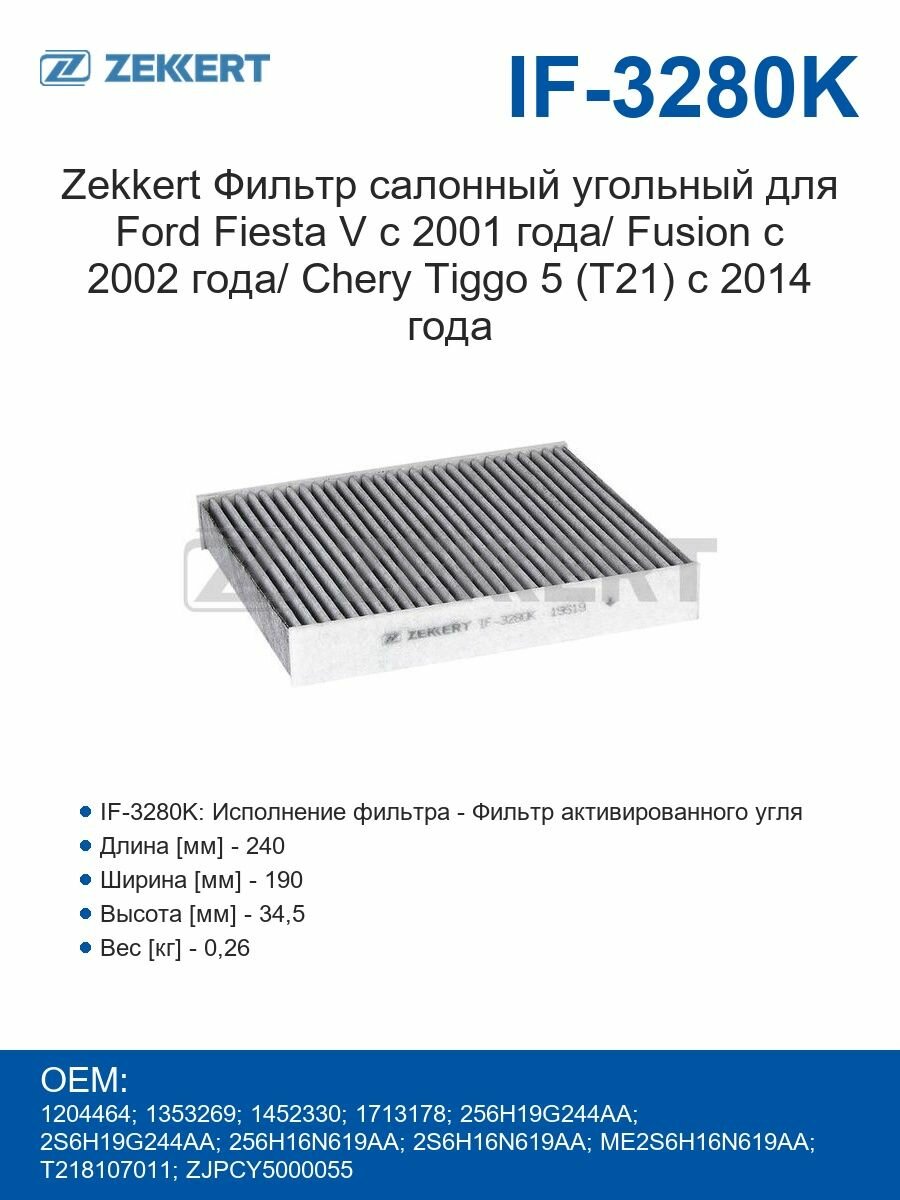 Zekkert Фильтр салонный угольный для Ford Fiesta V с 2001 года/ Fusion с 2002 года/ Chery Tiggo 5 (T21) с 2014 года