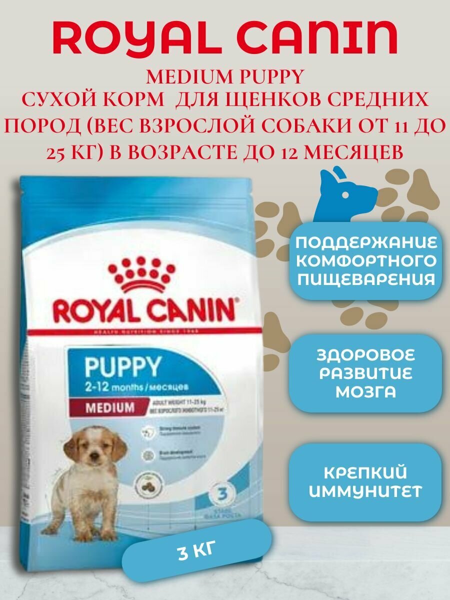 Royal Canin Корм сухой для щенков средних пород (вес взрослой собаки от 11 до 25 кг) в возрасте до 12 месяцев Medium Puppy, Медиум Паппи, 3кг