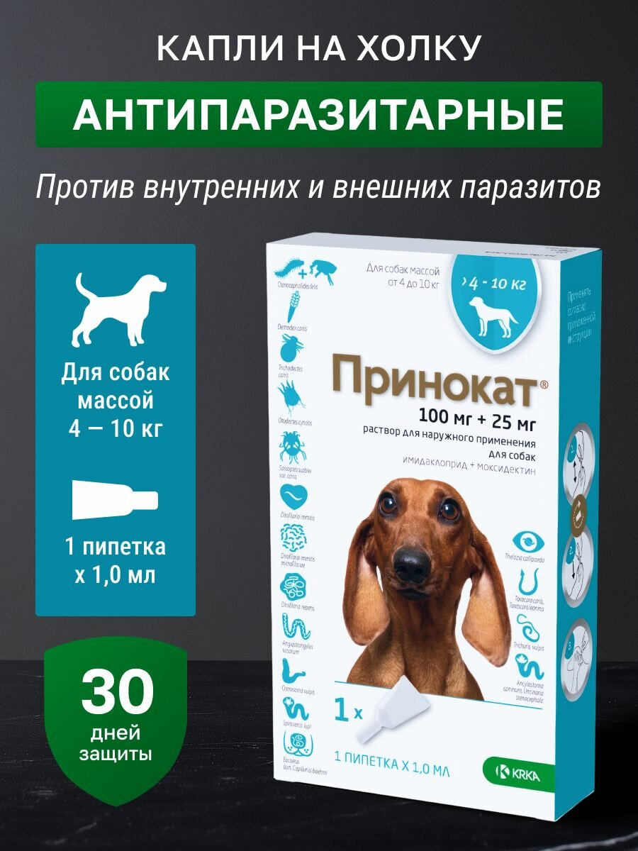 Принокат р-р д/наружного прим. д/собак от 4кг до 10кг 100+25мг пип. 1мл №1