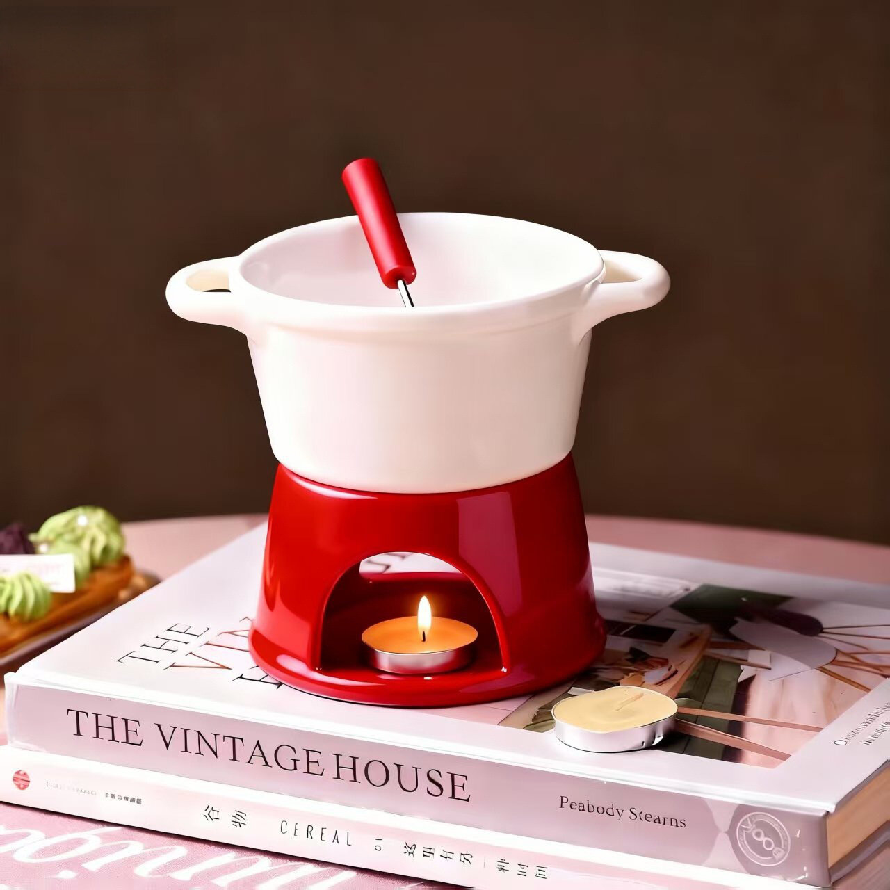 Горячая продажа керамической чашки для шоколада, горячего горшка, швейцарского мороженого, чашки для горячего сыра с вилкой