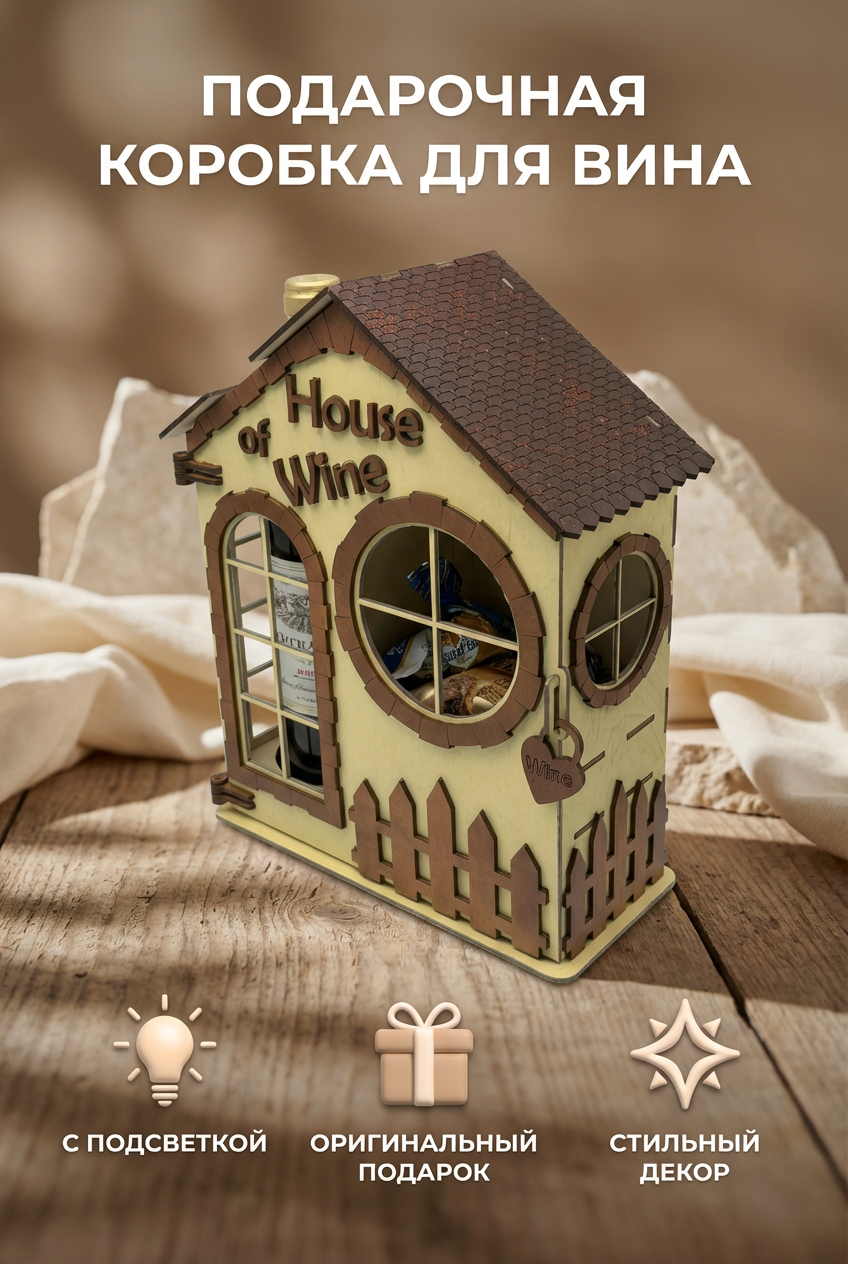 Подарочная коробка LASER OK, дерево, для бутылки, с подсветкой внутри