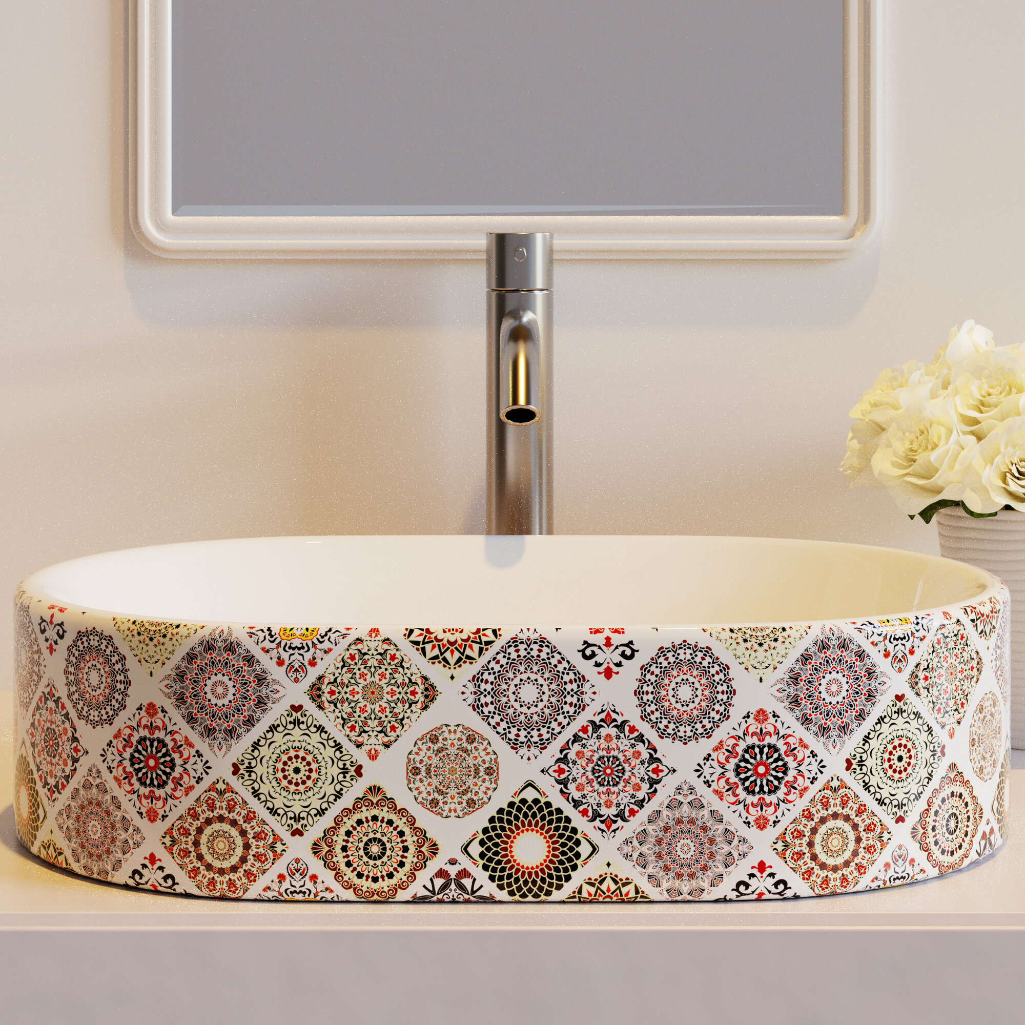 Раковина чаша накладная для ванной овальная Paffoss белая с рисунком 52 см.