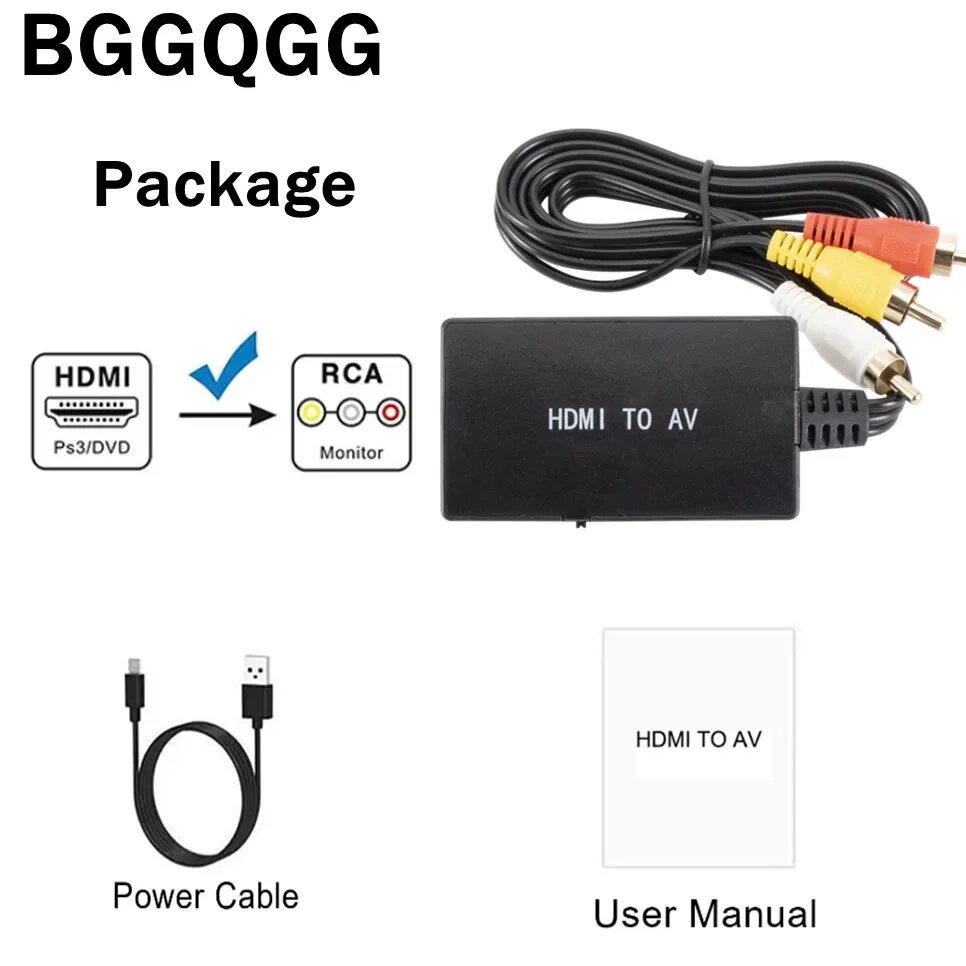 Преобразователь BGGQGG с HDMI на AV, адаптер с HDMI на видео и аудио, поддерживает PAL/NTSC, совместимый с Apple TV, DVD, Blu-Ray плеером, HD Box