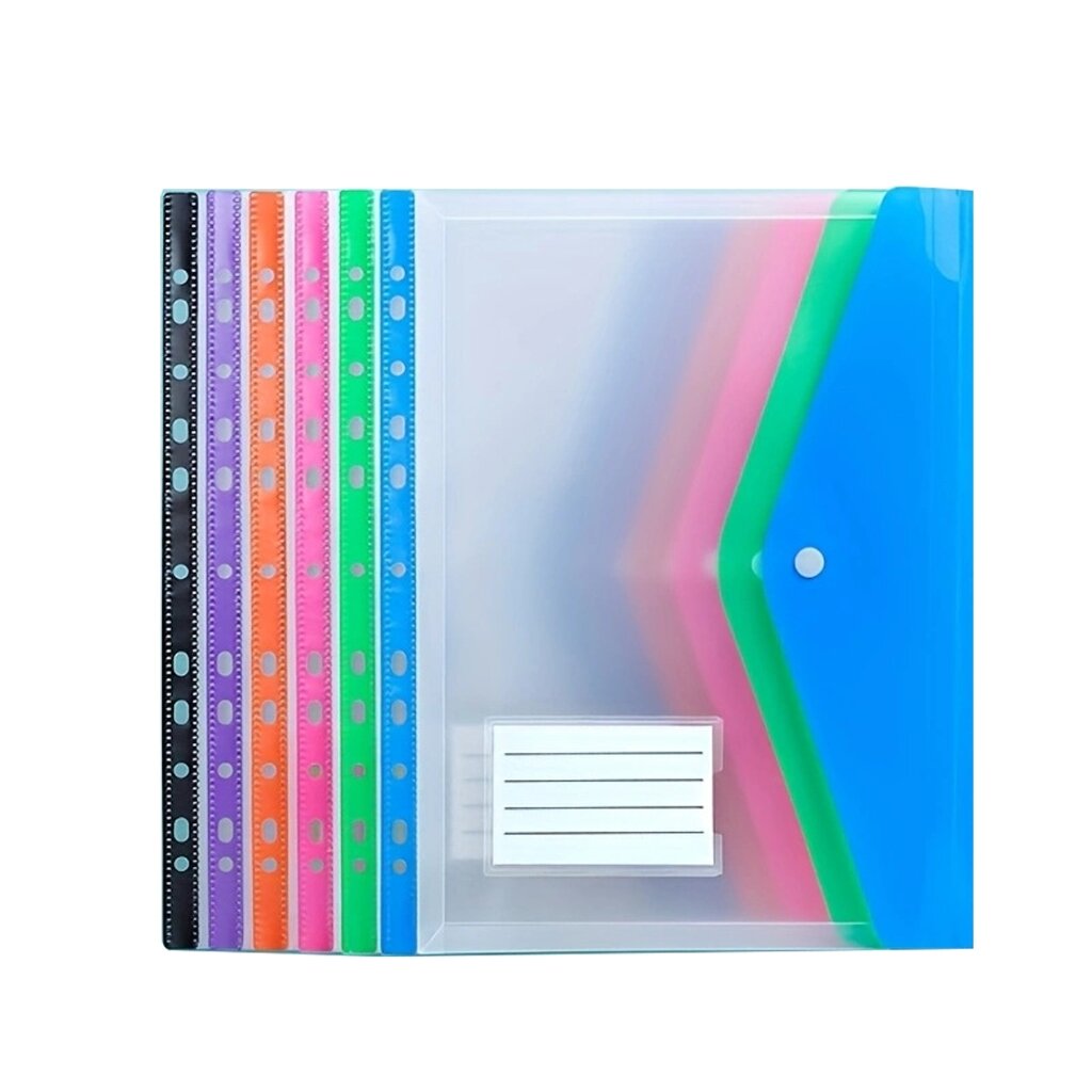 6 прозрачных пакетов для файлов формата А4 с отрывными листьями на 11 отверстий смешанного цвета