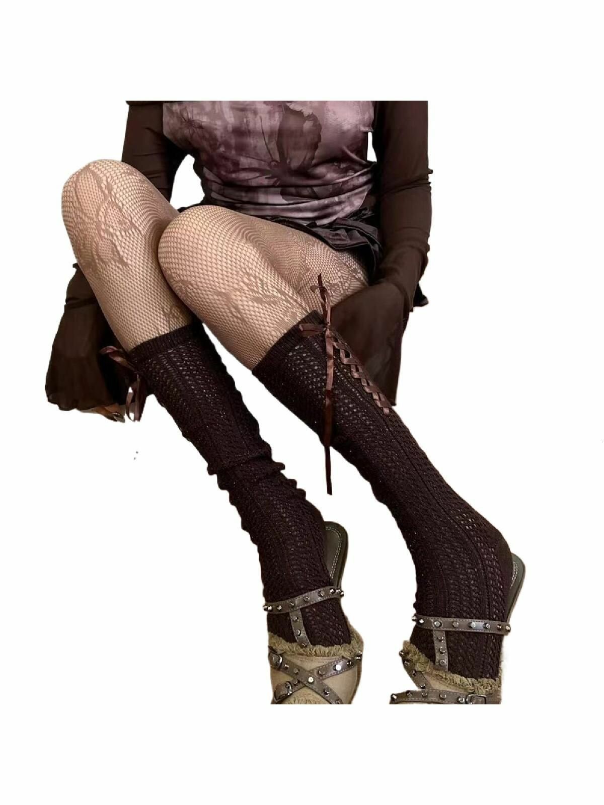 Узорные сетчатые колготки с высокой талией, Ретро Коричневый