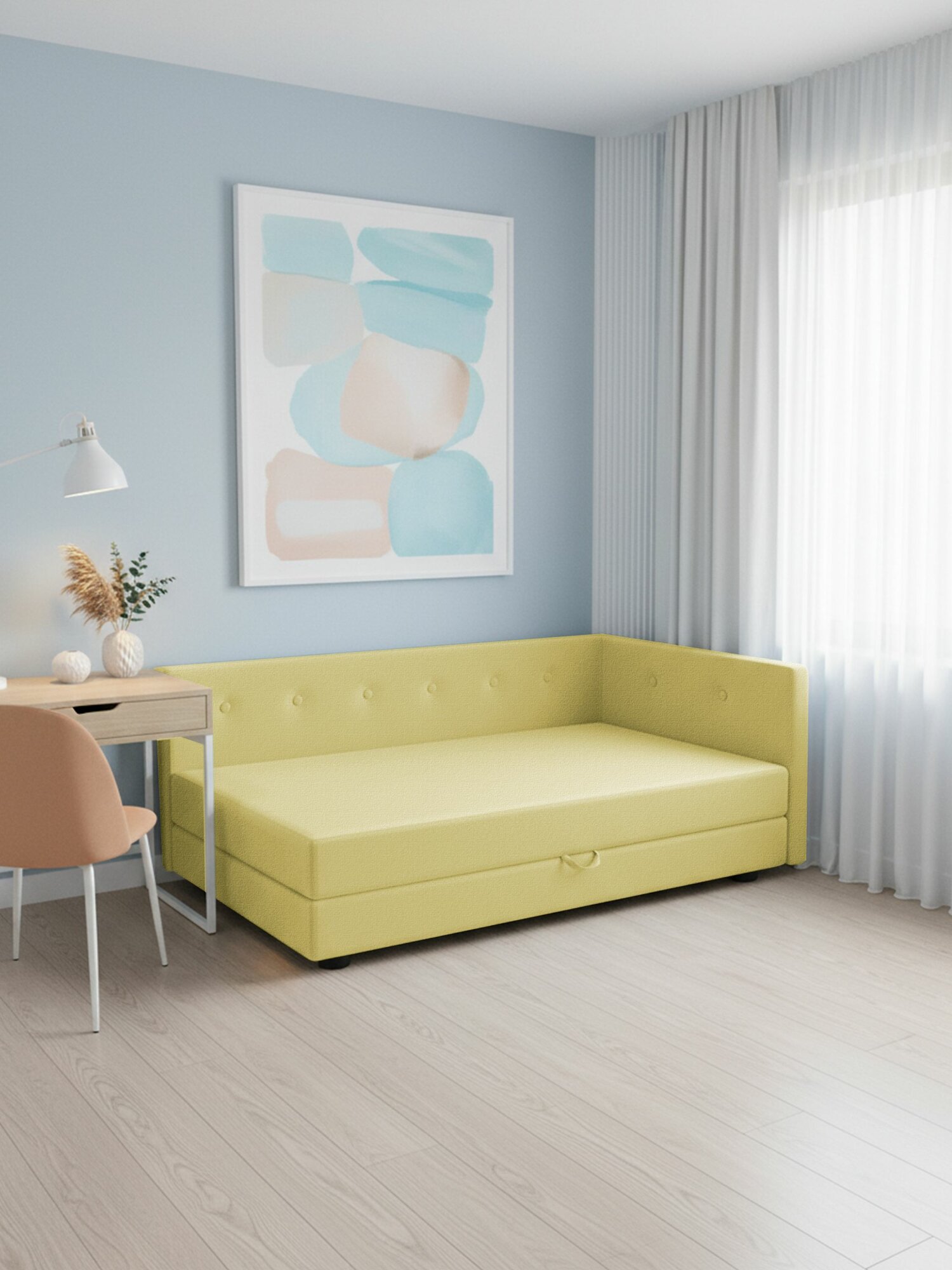 Тахта Лира Справа фокус- мебельная фабрика 100х210х76 см кремовая рогожка