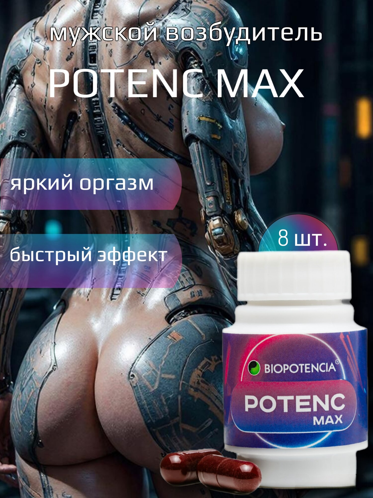 Возбудитель для мужчин Potenc MAX , 8 капсул. Таблетки для секса для мужчин, пролонгатор, афродизиак для мужчин.