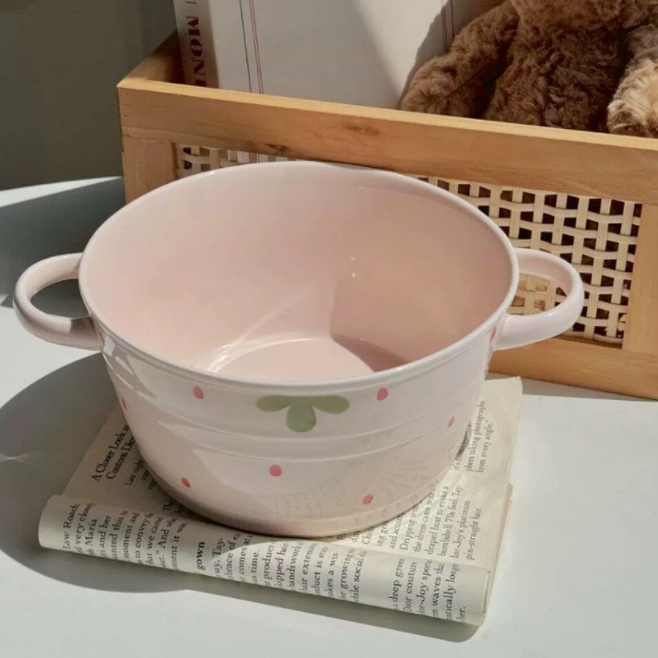 Керамическая миска с подглазурным рисунком клубники, набор посуды для дома, милая посуда для одного человека, рисовая миска, миска с ручкой, суповая миска, тарелка