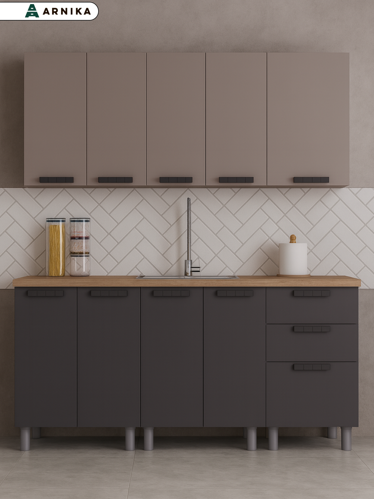 ARNIKA Кухонный гарнитур 1,6м Кашемир/Сталь, черный (без столешницы)