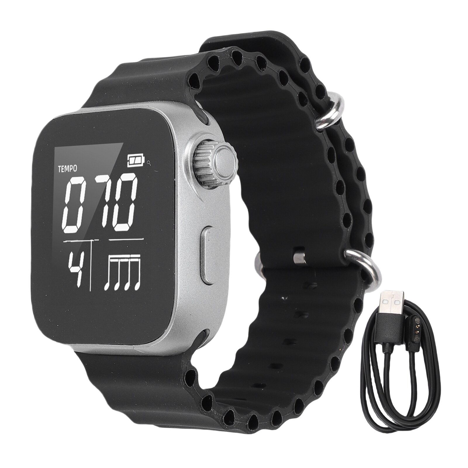 Вибрирующие часы-метроном с переключаемым спортивным режимом для начинающих музыкантов и любителей фитнеса. Магнитный зарядный кабель, серебристый цвет.