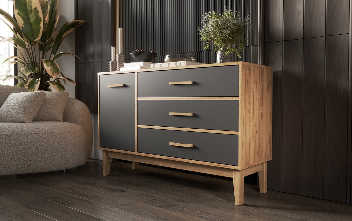 Кельн Комод 1 дверь, 1 полка 3 ящика, в цвете: Графит, Дуб Крафт