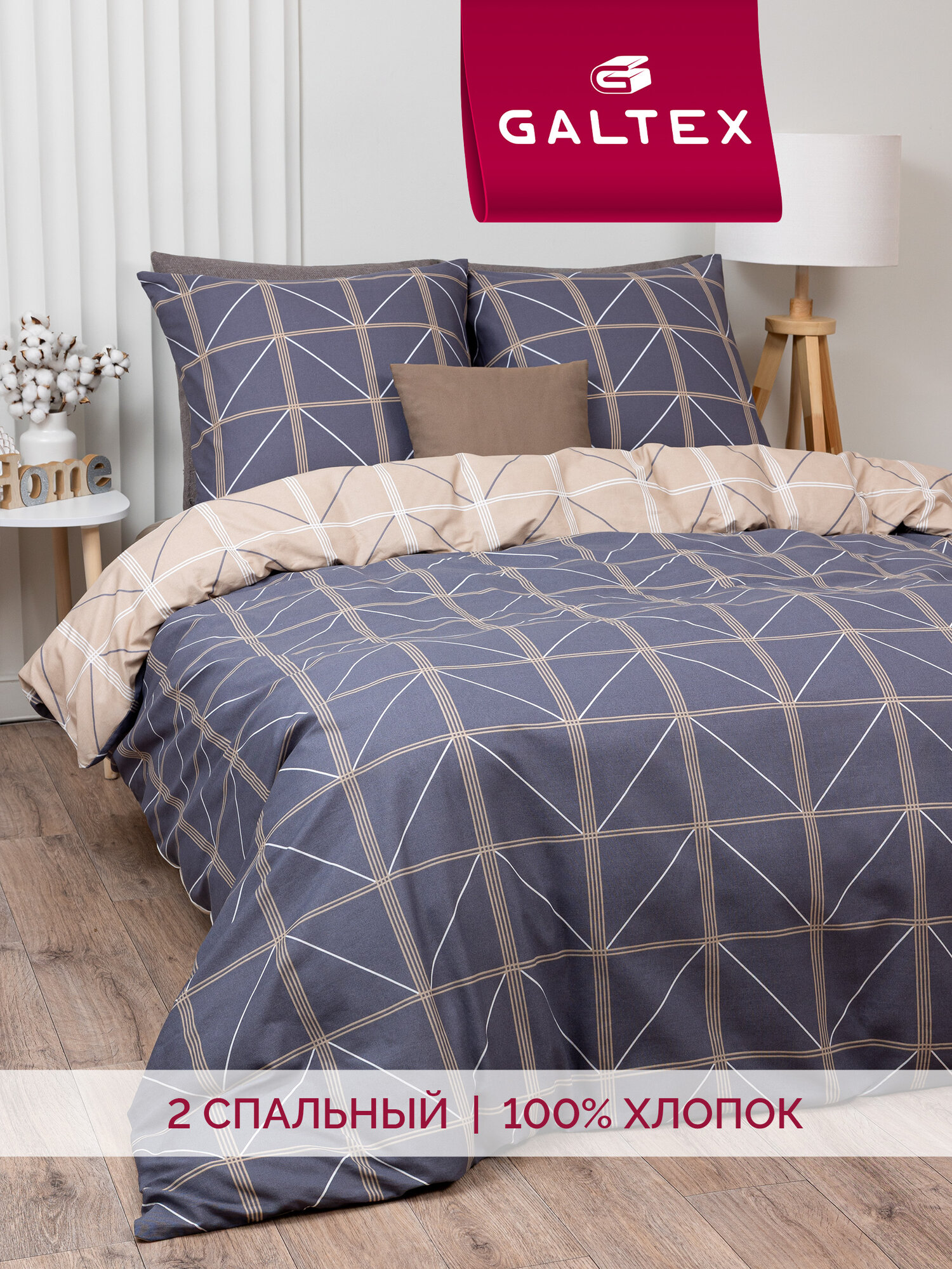 Постельное белье 2 спальное (2 нав.50х70) Бязь, Хлопок с простыней на резинке GALTEX Теорема