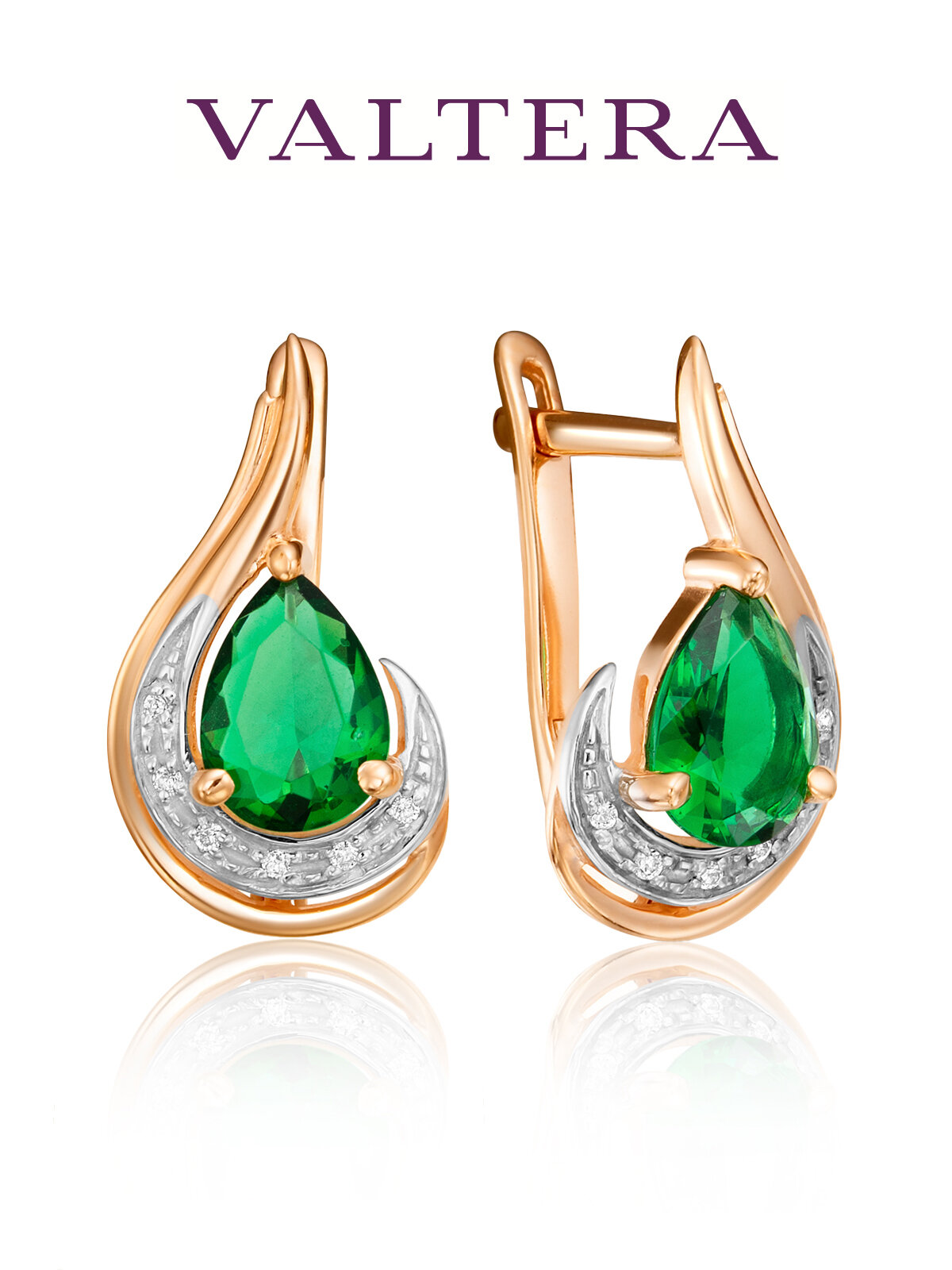 Серьги VALTERA, серебро, 925 проба, золочение, родирование, фианит, , золотистый, зеленый — фото 1