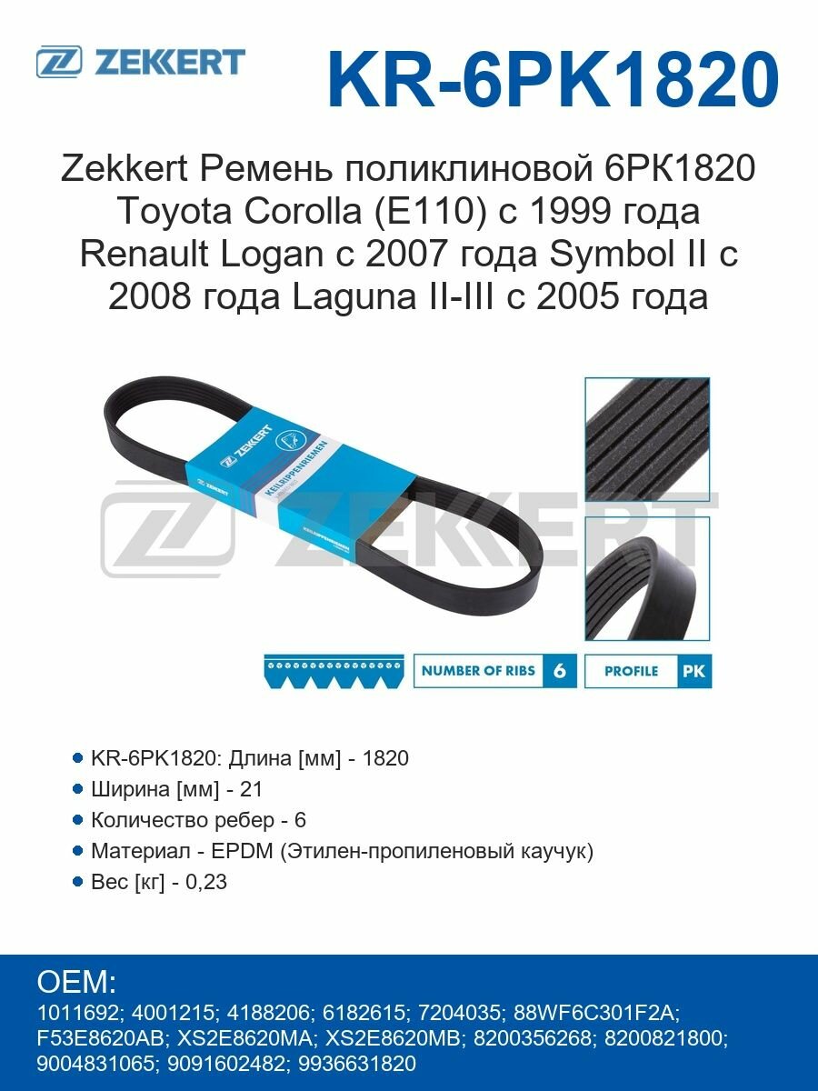 Zekkert Ремень поликлиновой 6РК1820 Toyota Corolla (E110) с 1999 года Renault Logan с 2007 года Symbol II с 2008 года Laguna II-III с 2005 года
