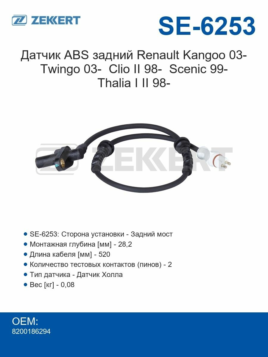 Zekkert Датчик ABS передний Renault Kangoo 03- Twingo 03- Clio II 98- Scenic 99- Thalia I II 98-